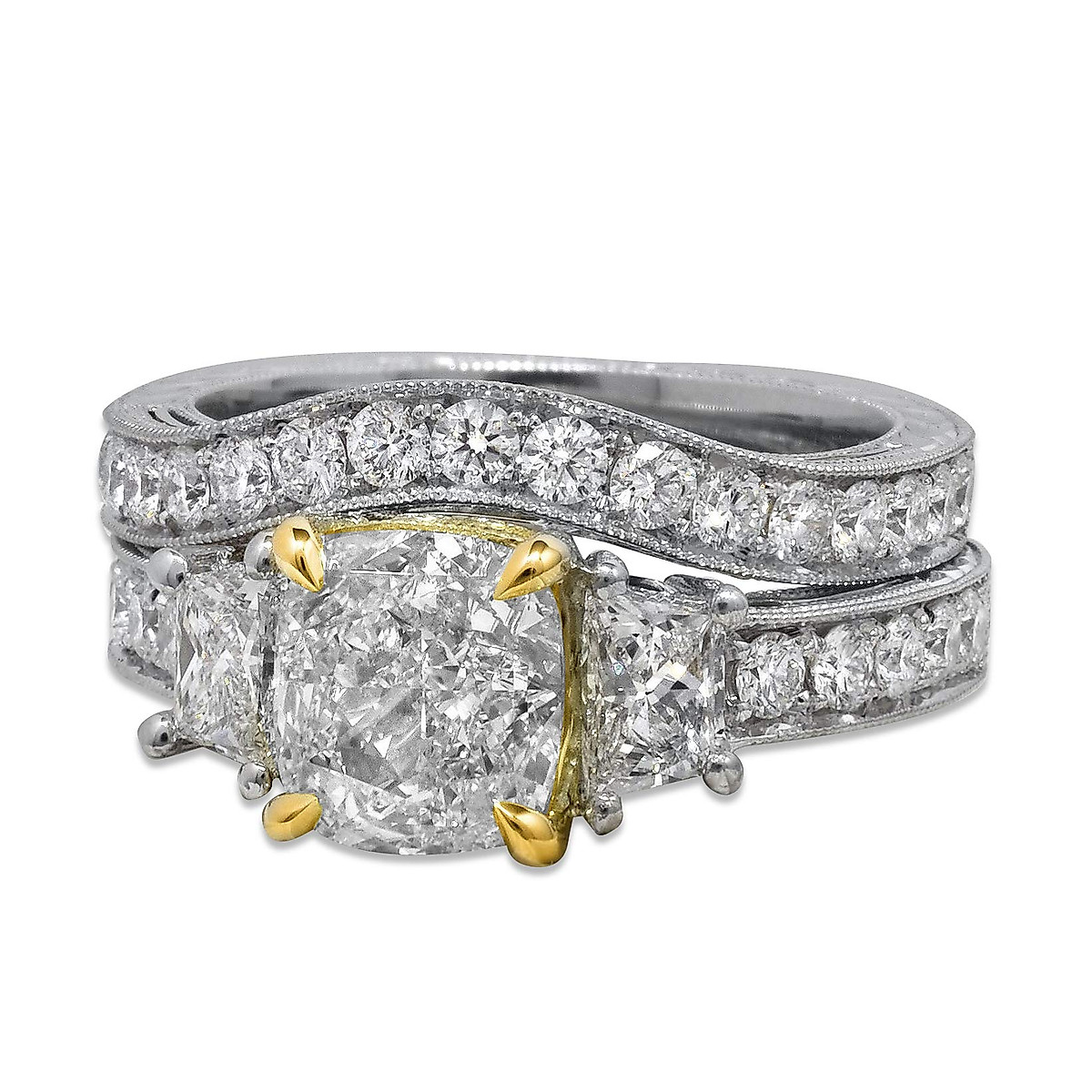 Bridal Set 3 CT 3 Stone Cushion Cut Moissanite Engagement Rings for Women 14k White Gold Free Engraving Size 9