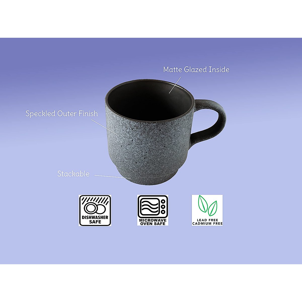 Essential Drinkware 14oz Classic Stackable Ceramic Coffee Mugs, Assorted Colors - Set of 4 Space Saving Durable Stacking Cups with Speckled Finish