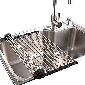 Dish Rack Sponge Holder Stainless Steel RV Roll up Shelf Over Sink Drainer for Recreational Vehicle Large (17.2x15.7x0.7) inch