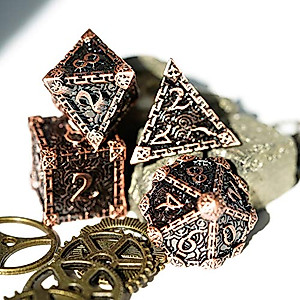 Cusdie Metal Dice with Metal Box, 7 PCs DND Metal Dice, Dagger Design Polyhedral Dice Set, for Role Playing Game D&D Dice MTG Pathfinder (Ancient Copper)