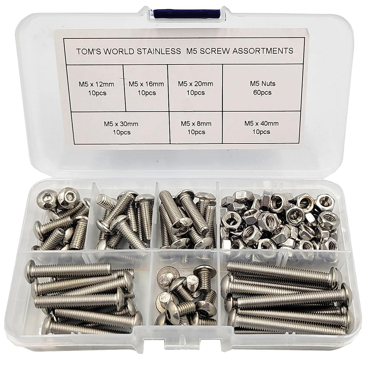 120Pcs M5 x 8mm,12mm,16mm,20mm,30mm,40mm Hex Socket Head Cap Bolts Nuts Screws Assortment Set 304 Stainless Steel Allen Socket Drive Machine Screws with Wrench (120PCS M5 Hex Screws Nuts)