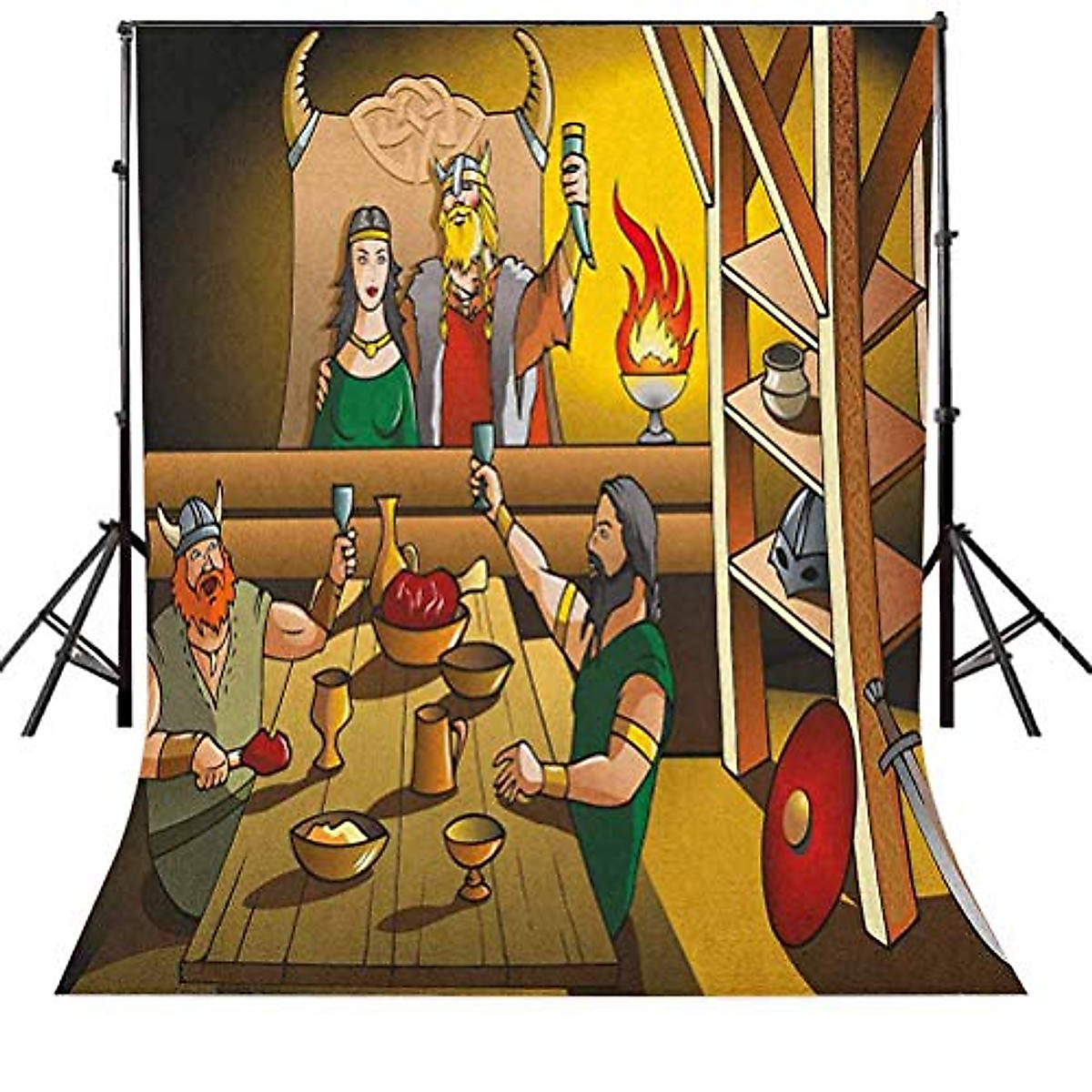 9x16 FT Cartoon Vinyl Photography Backdrop,King and Queen Feasting with Brave Warriors Ancient Scandinavia Medieval Historical Background for Party Home Decor Outdoorsy Theme Shoot Props