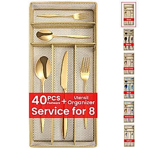 Gold Silverware Set with Organizer, 40-Piece Flatware Set for 8, Stainless Steel Kitchen Utensils Cutlery Set for Home Kitchen Restaurant Hotel,Dishwasher Safe