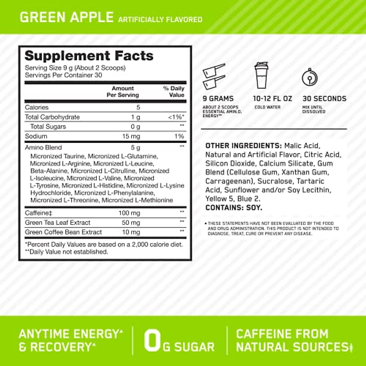 Optimum Nutrition Amino Energy - Pre Workout with Green Tea, BCAA, Amino Acids, Keto Friendly, Green Coffee Extract, Energy Powder - Green Apple, 30 Servings (Packaging May Vary)