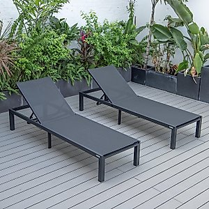 LeisureMod Marlin Poolside Outdoor Patio Lawn and Garden Modern Black Powder Coated Aluminum Frame Suntan Sling Chaise Lounge Chair, Set of 2