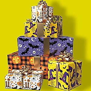 GIOLNIAY Halloween Wrapping Paper for Men Women Boys Girls Kids Baby - Holiday Gift Wrap Contain Jack-o'lantern, Witch Hat, Skulls, Black & Orange Plaids Design - 8 Sheets (20*29 Inch per Sheet), Recyclable, Easy to Store