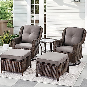 Outdoor Wicker Furniture Set for Patio - 5 Piece Outside Rattan Conversation Bistro Dining Chair Sets with Rocking Swivel Chairs, Ottomans and Side Table for Porch Yard Balcony – Brown/Grey
