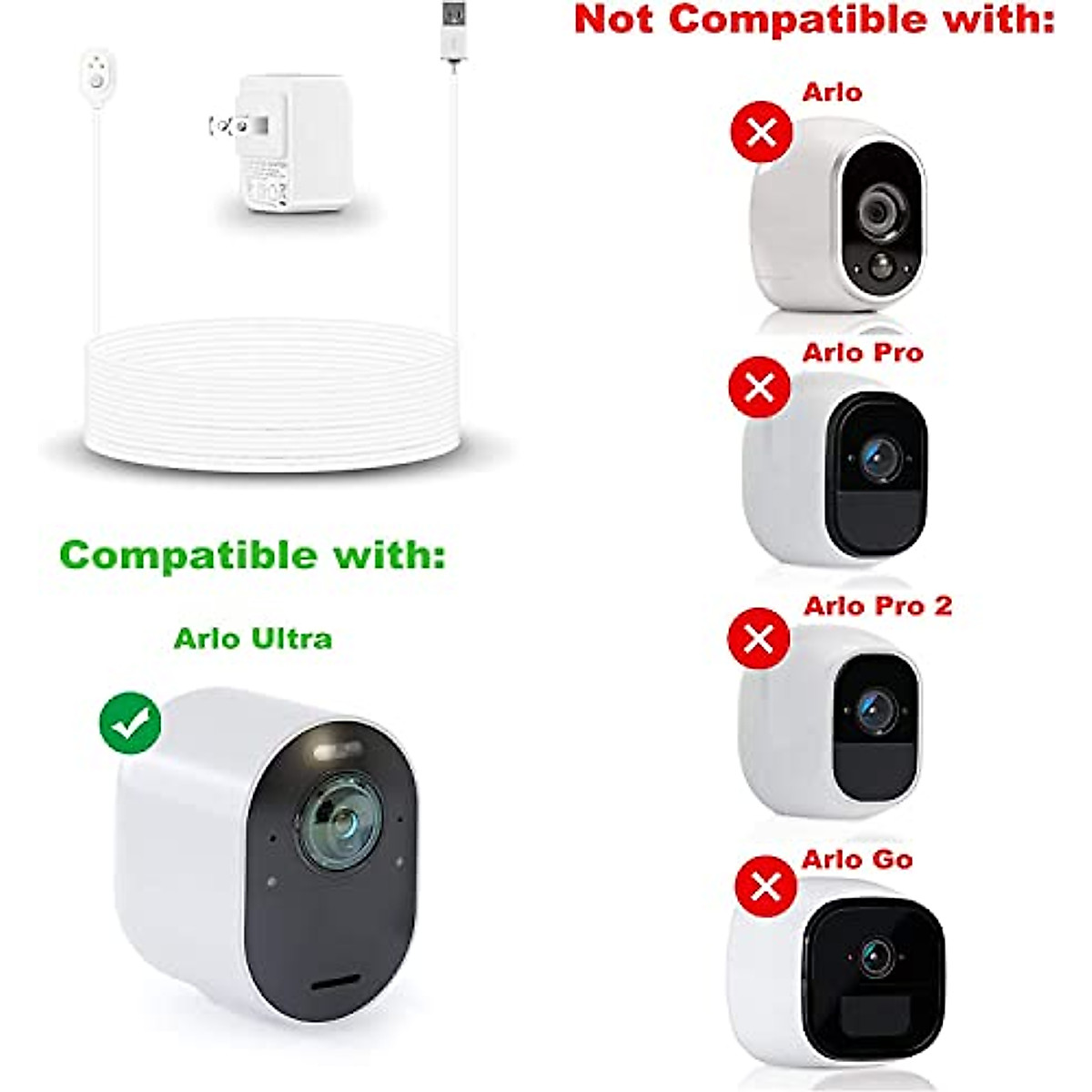 Taken 10ft/3m Arlo Ultra Cable, Weatherproof Outdoor/Indoor Magnetic Charging Cable and Power Adapter for Arlo Ultra, Ultra 2, Arlo Pro 3, Pro 4 (NOT for Arlo Essential Spotlight) - 2 Pack, White