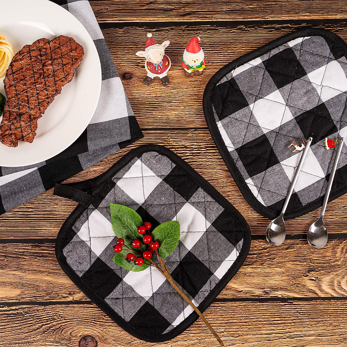 Whaline 6pcs Christmas Buffalo Plaid Hot Pot Holders Cotton Hot Pad with Pocket Reusable Heat Resistant Oven Mint for Kitchen Cooking and Baking (White Black)