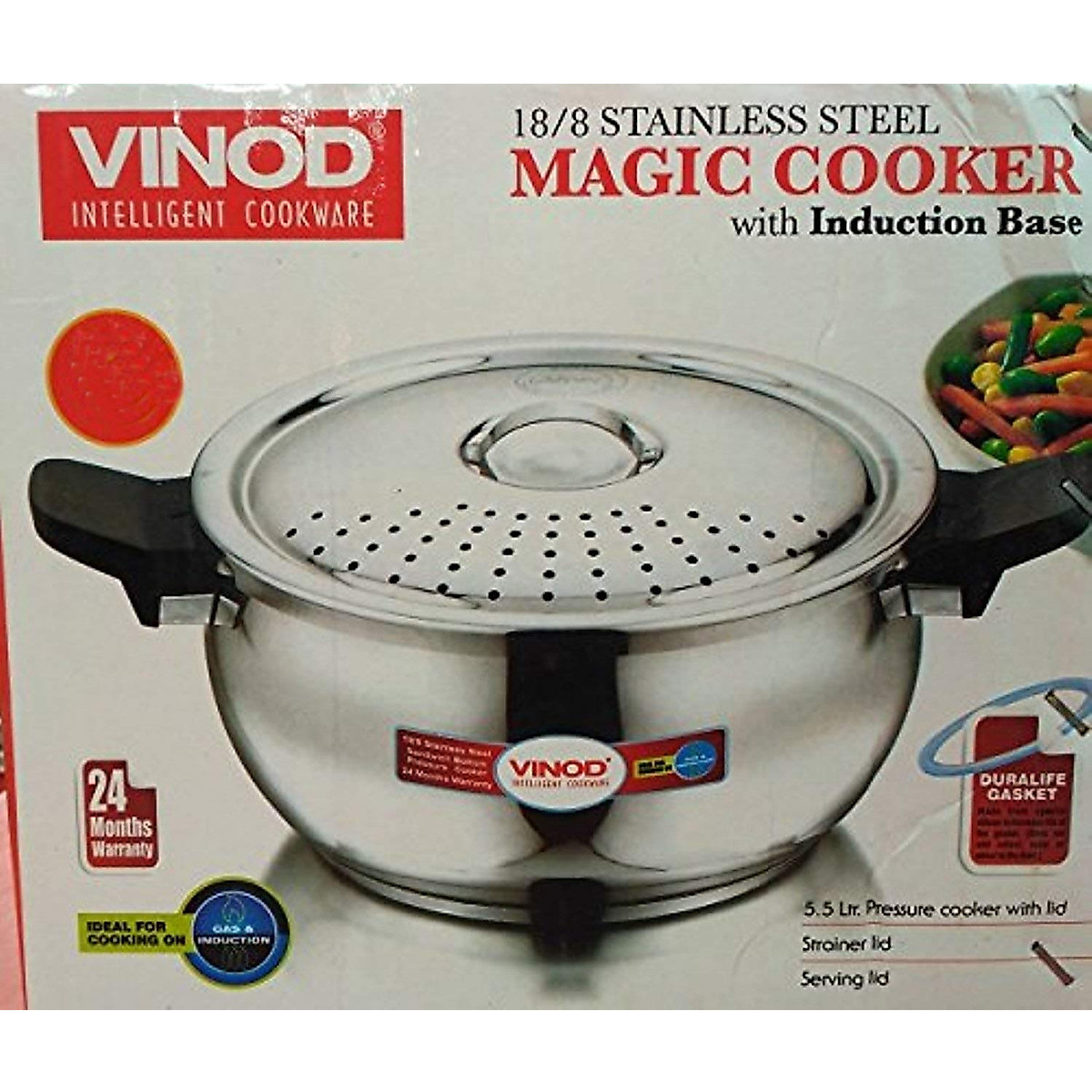 Vinod 18/8 Stainless Steel Outer Lid Magic Pressure Cooker - 3.5 L with Pressure Cooker Lid, Straining Lid and Glass lid (Induction and Gas Stove Friendly), Silver