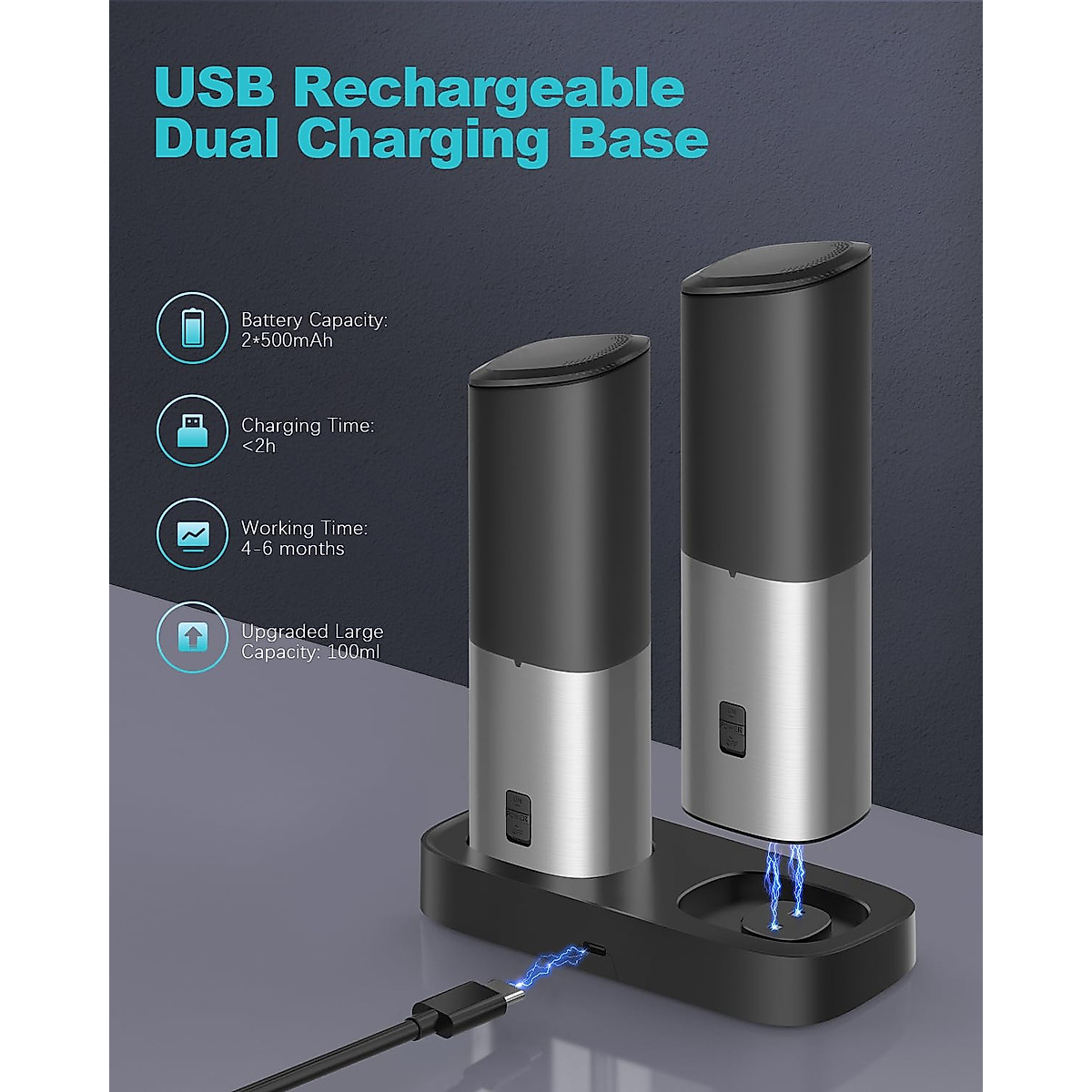 Ultrean Gravity Electric Salt and Pepper Grinder Set - USB Rechargeable With Dual Charging Base - Adjustable Fineness - One Handed Operation, Stainless Steel Construction, Auto Dust Lids, LED Light