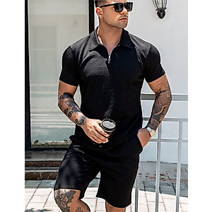 URRU Men's Polo Shirt and Shorts Set Summer Outfits Fashion Casual Short Sleeve Polo Suit for Men 2 Piece Short Set Black XL