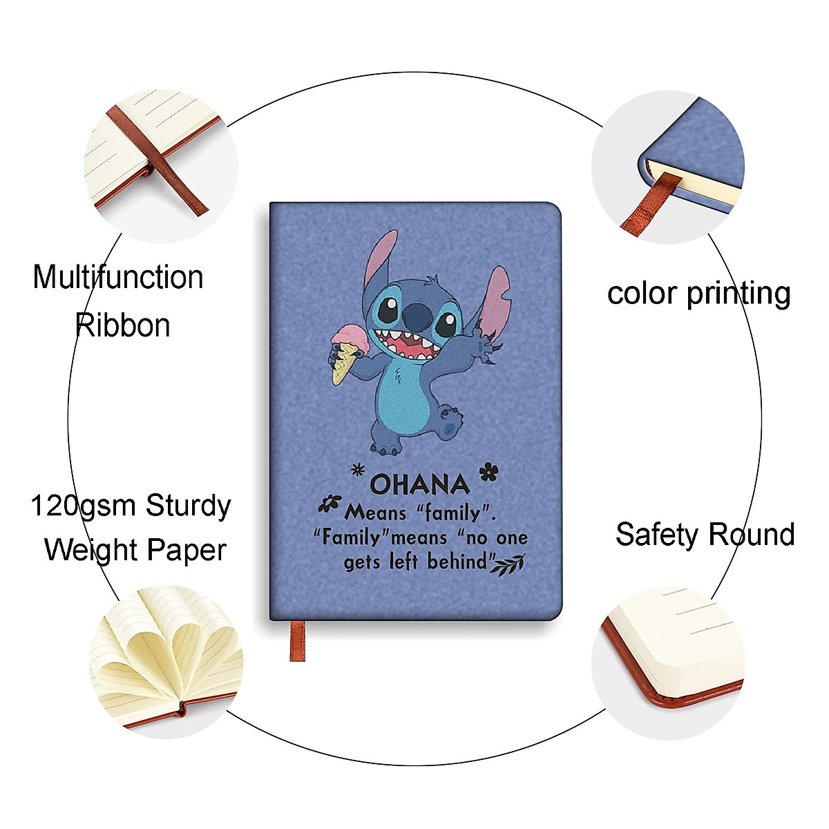 WHLBHG Stitch Gifts Ohana Gift Ohana Means Family Leather Lined Journal Notebook A5 Size Writing Notebook Funny Cartoon Movie Fans Gift Friendship Gift (Stitch Ohana blue)