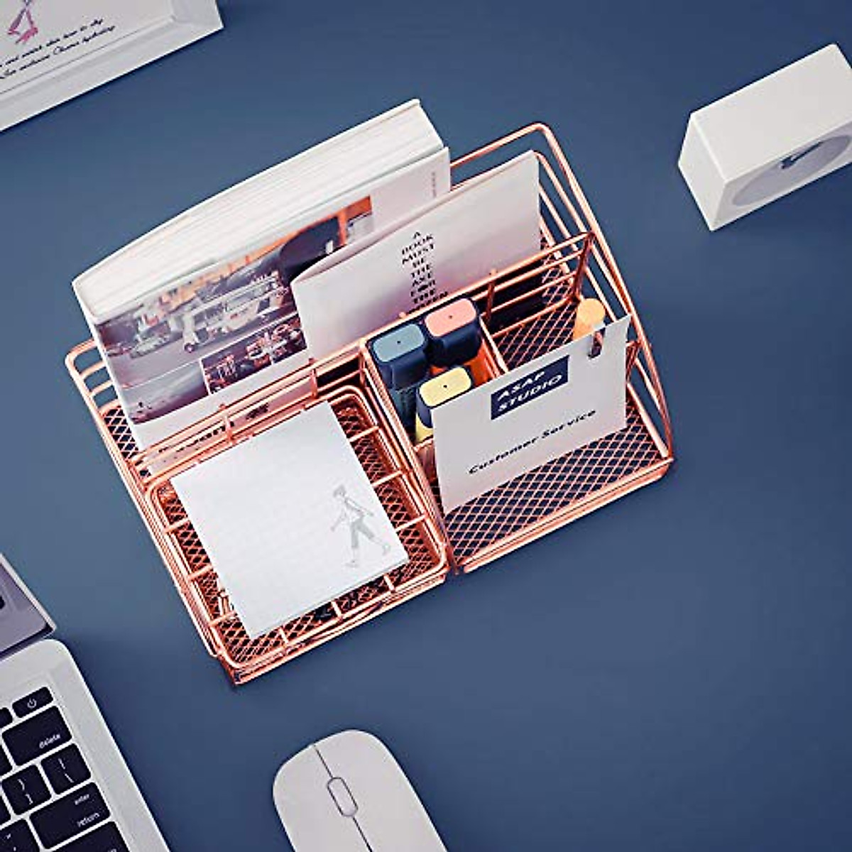 ARTISHION Desk Organizer, Office Supplies Desktop Holder, Metal Mesh Stationary Organizer Rose Gold with Drawer, Pen Pencil Holder for Office, Home, School