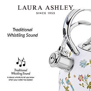 VQ Laura Ashley Elveden White 3L Stainless Steel Tea Kettle Stovetop Whistling Teapot for Induction, Gas Hob or others. Silicon Coated Cool Handle & Push Button Mechanism Vintage Stove Top Kettle
