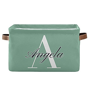 Sage Green Customized Storage Basket Collapsible Storage Bins Cubes Box Fabric Clothes Hamper Gift Baskets Toy Chest for Shelves Office Home Nursery Shoes with Leather Handles