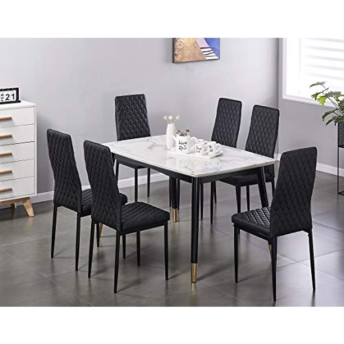 Dining Chairs Set of 6 Mid Century Modern Noble Style with Upholstered Cushion PU Leather for Dining Room Kitchen (Black-Set of 6)