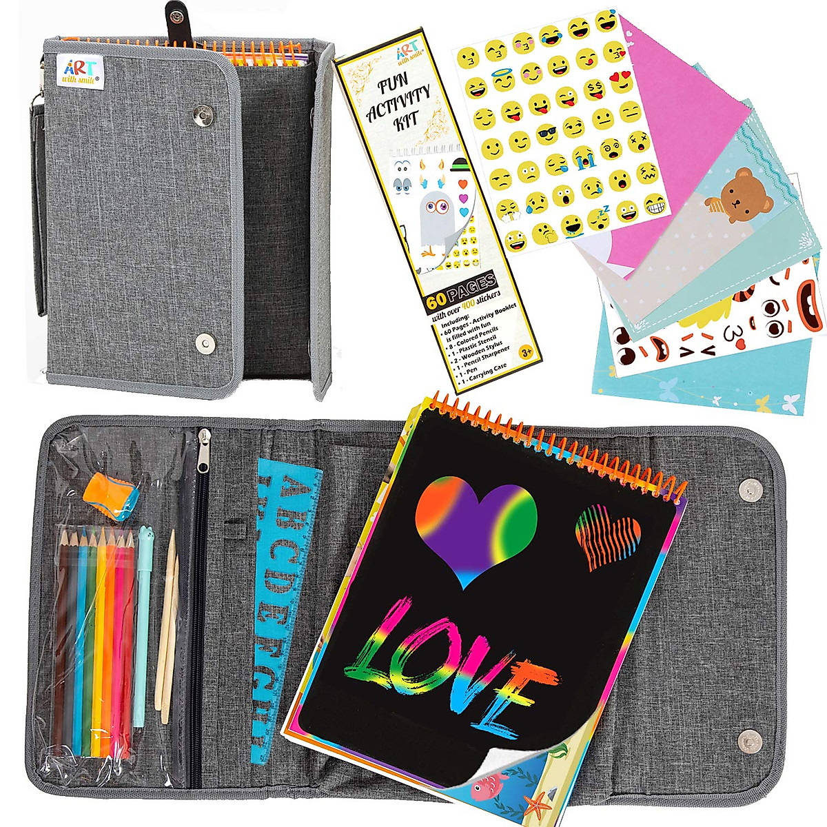 Activity Book for Girls and Boys - Premium Case Includes Large 60-page - 420 Stickers, Rainbow Scratch Papers, Reusable Stickers, Coloring Pencils, Numbers and Letters Stencil - Educational Toys Gift