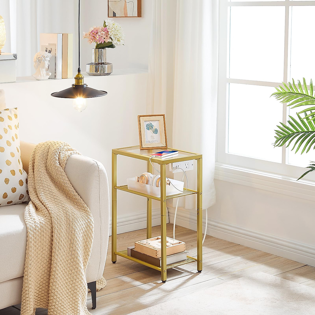 HOOBRO End Table with Charging Station, 3-Tier Side Table, Nightstand with USB Ports & Outlet, Sofa Table with Storage Shelves, Tempered Glass, Modern Style, for Living Room, Bedroom, Gold GD57UBZ01