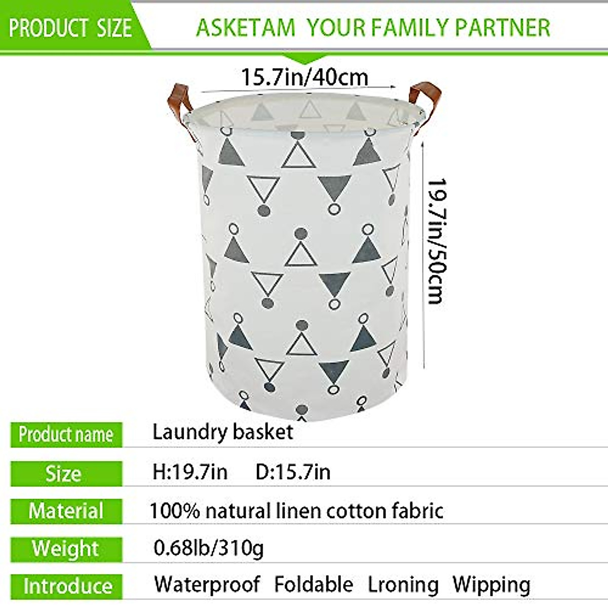 ASKETAM Fabric Laundry Basket Canvas Laundry Hamper for Dirty Clothes Toy Organizer Kid Nursery Room Decor Basket (Gray round triangle)