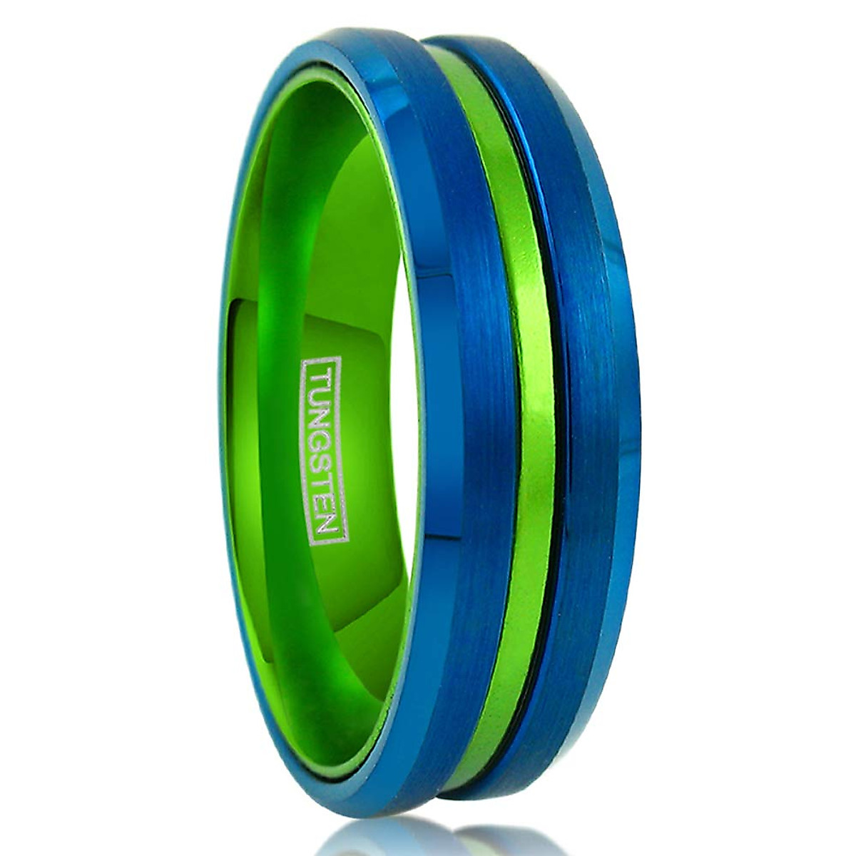 King's Cross Unique 6mm/8mm Royal Blue Tungsten Ring w/Lime Green Anodized Aluminum Inner Band & Recessed Stripe (Tungsten (6mm), 6)