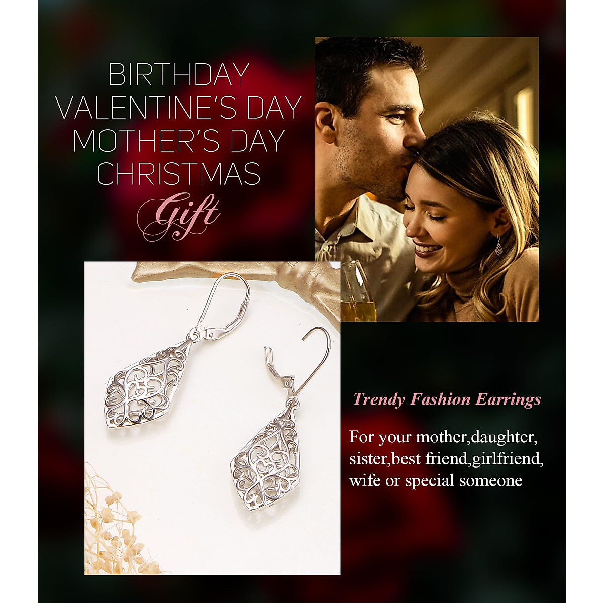 Kite Shaped Geometric Filigree Dangle Drop Leverback Earrings Sterling Silver Dangling Dangly Jewelry for Women