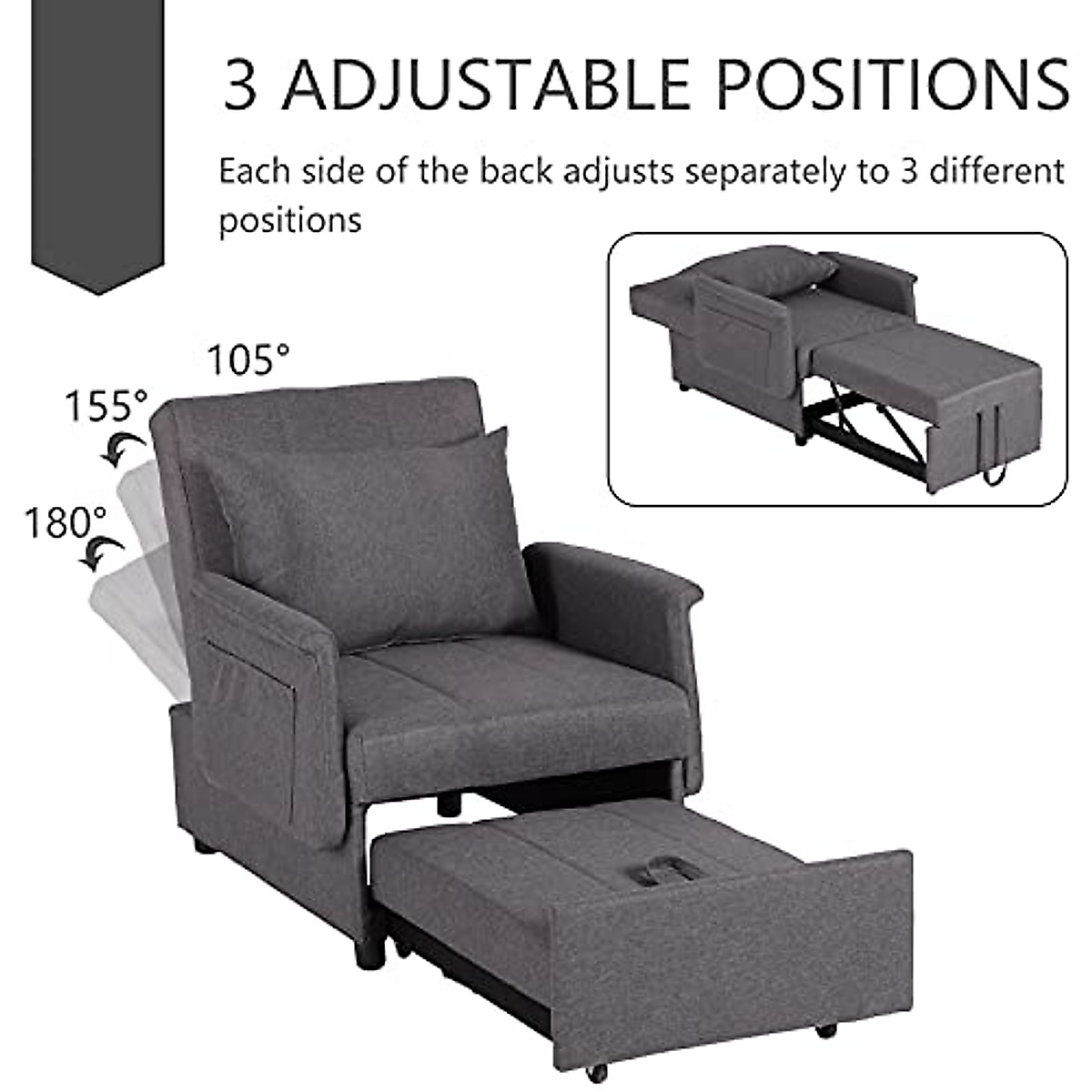 SAMERY Convertible Chair Bed 3-in-1, Sleeper Chair Bed Pull Out Sleeper Chair Bed Modern Sofa Bed Adjustable Backrest Sleeper Couch Bed for Living Room/Small Apartment (Grey 3-in-1)