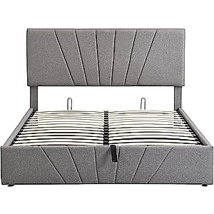 DNYN Queen Size Upholstered Platform Bed with Storage for Kids,Teen,Adults,Study Bedframe w/Wooden Slat Support,No Box Spring Needed & Easy Assembly, Gray