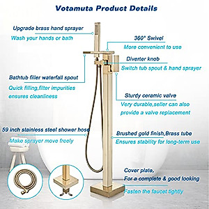 Votamuta Freestanding Bathtub Faucet Brushed Gold Waterfall Floor Mount Tub Filler Brass Single Handle Bathroom Tub Faucets with Hand Shower Mixer Tap 360° Swivel Spout