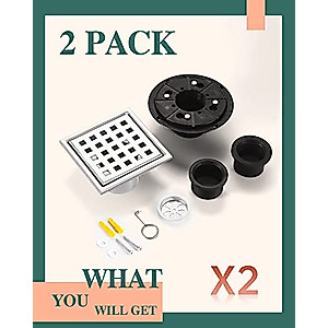 KUZOR Square Shower Drain 4 inch, Brushed Nickel 2 Pack Floor Drains for Shower with Flange and Hair Strainer, Brushed 304 Stainless Steel Quadrato Pattern Grate Removable, Fast 6.5 GPM Drainage