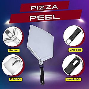 Pizza Peel Foldable Oven Paddle - 13 Inch Width & 15 Inch Length Plastic Handle with Easy Grip Stainless Steel Metal Spatula for Baking Dough Flat Bread and Cake