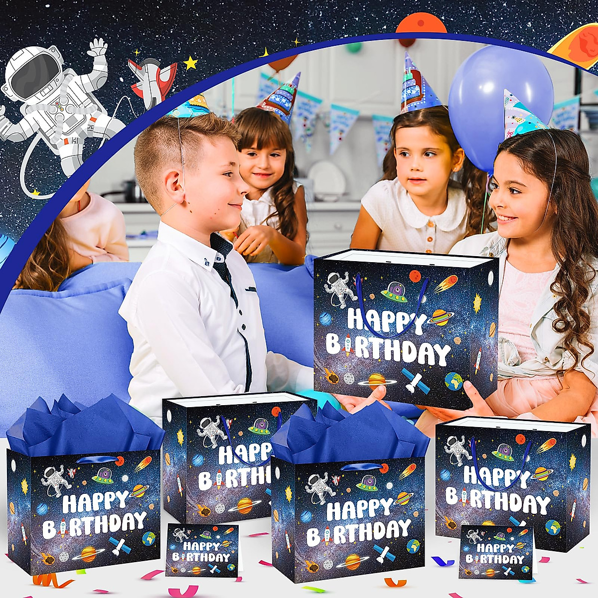 Outer Space Birthday Gift Bag for Kids, Blue Gift Bag with Card Tissue Paper Rocket Planet Gift Bag Birthday Wrapping Paper Bags Outer Space Party Gift Bag Decorations for Boys Girls Birthday Party