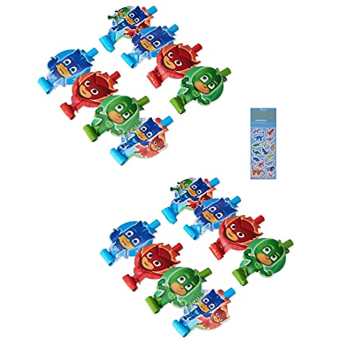 Amscan PJ Masks Birthday Party Supplies Bundle includes Party Blowouts - 16 Count and 1 Dinsaur Sticker Sheet