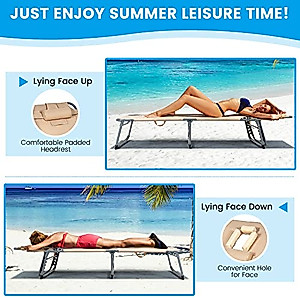 Tangkula Outdoor Beach Chaise Lounge, Folding Lounge Chair with 5-Position Backrest, Sunbathing Recliner with Tanning Face Hole & Removable Pillow for Patio Deck Poolside (2, Beige)