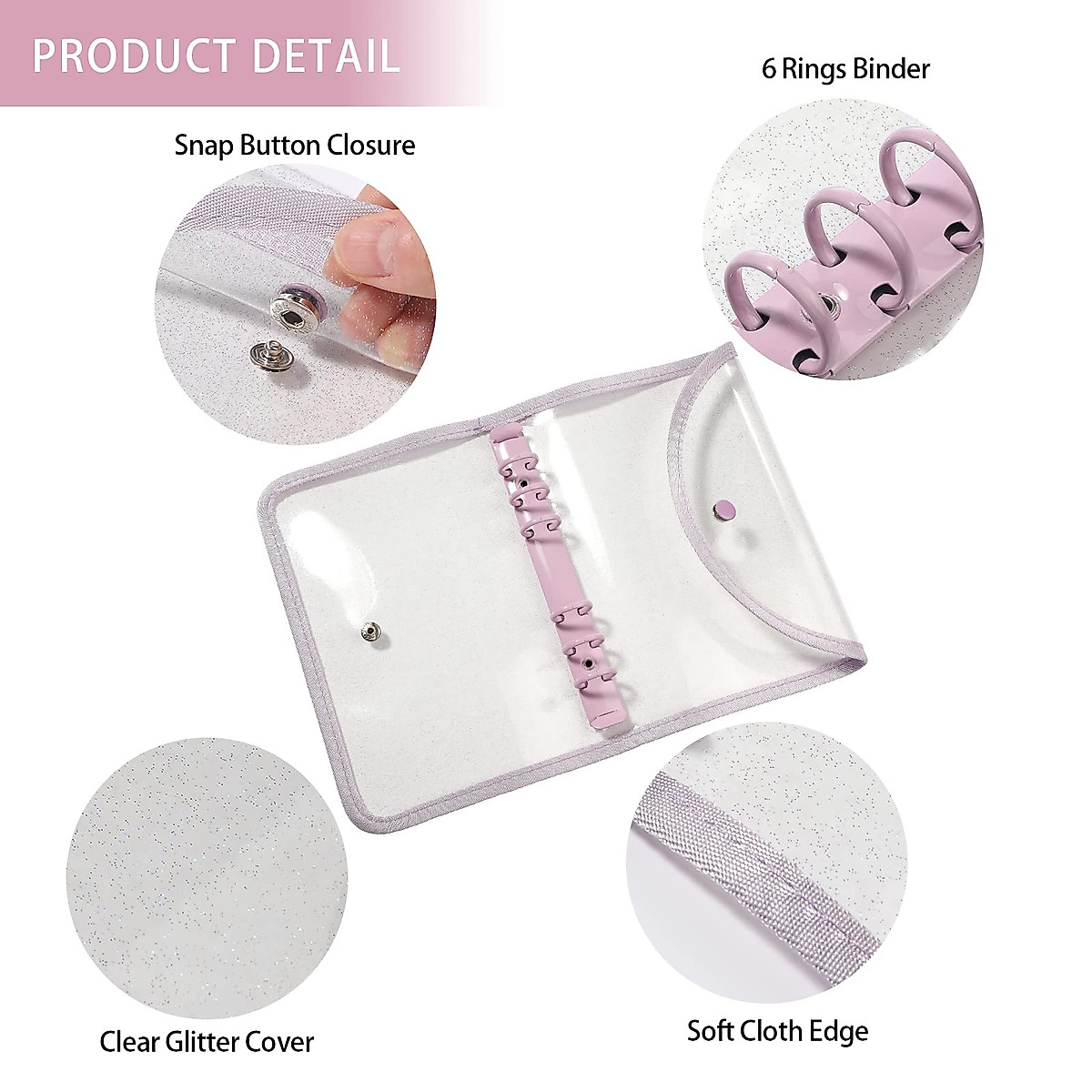 NEWEST 2 Pieces Clear PVC A6 Refillable Binder Covers, Shiny 6-Ring Personal Notebook Shell, Round Ring Binder Pocket with Snap Button Lock for Filler Organizer Planner Journal Album, Pink & Purple