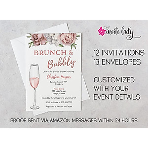 Brunch and Bubbly Bridal Shower Invitation Pink Glitter Rose Gold Floral Flowers Roses Champagne Mimosas Bachelorette Wedding Printed Cards Customized Personalized Cards (12 Count)