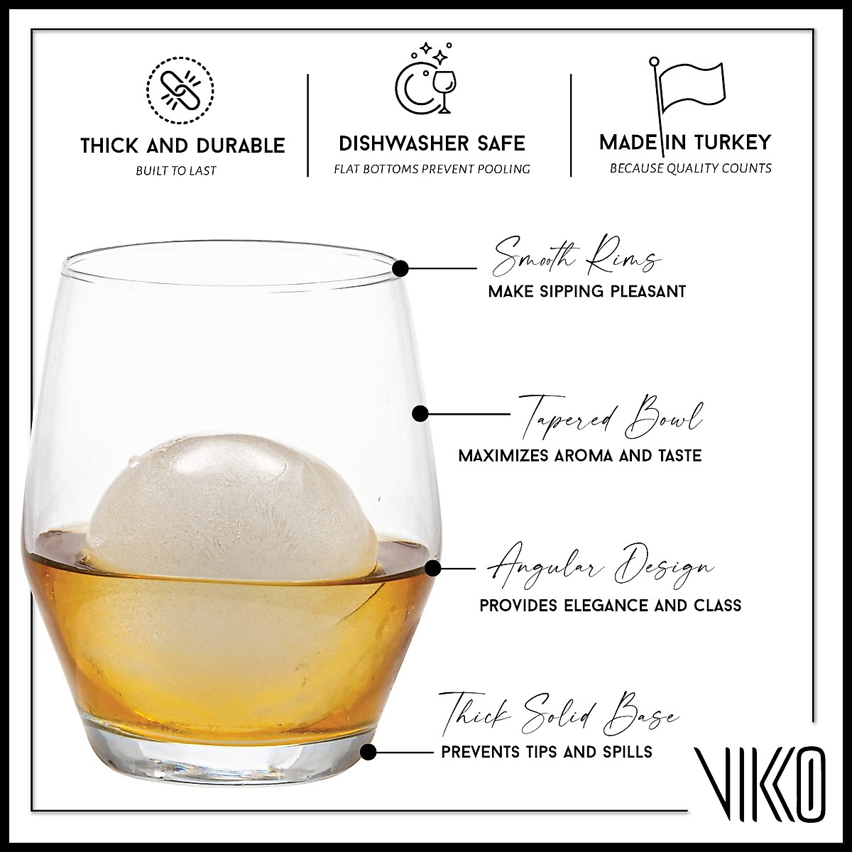 Vikko Whiskey Glasses Set of 6, Old Fashioned Whiskey Glasses 12.5 Ounce, Premium Scotch Glasses, Dishwasher Safe Bar Glasses