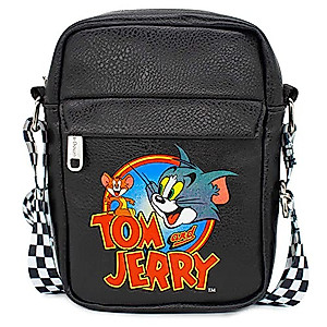 Buckle Down Hanna Barbera Bag, Cross Body, with Tom and Jerry Logo Pose, Black, Vegan Leather