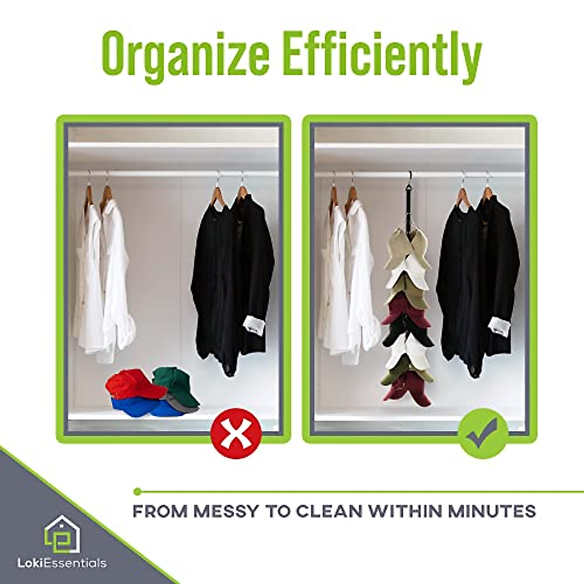 LokiEssentials Hat Organizer Holder Rack for Closet Rod (2 Pack) Easy Hat Storage Hangers for Baseball Cap, 16 Large Premium Clips for Ball, Golf Caps, Beanies, & Sports Cap Organization