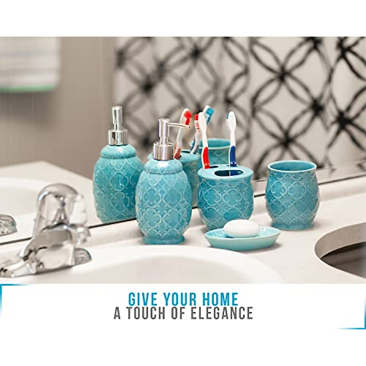 Designer 4-Piece Bathroom Accessory Set – Ceramic Bath Set w/Liquid Soap or Lotion Dispenser, Toothbrush Holder, Tumbler and Soap Dish – Decorative Set w/Embossed Details – Modern Vanity Accessories