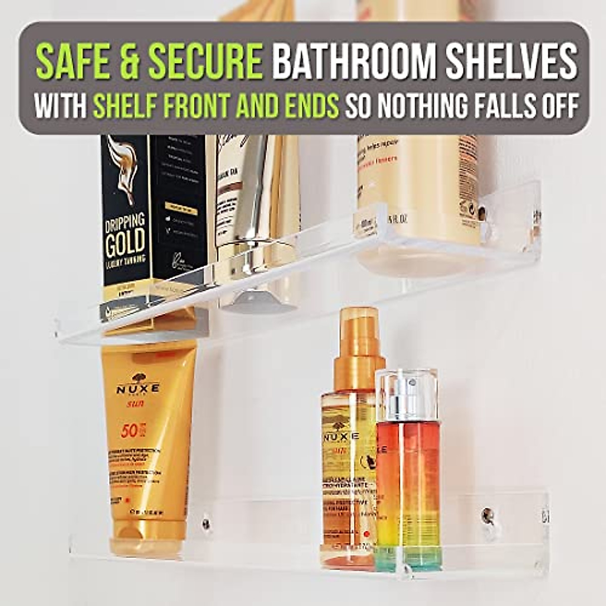Pretty Display Acrylic Bathroom Shelves [2 Pack] Wall Mounted 15" Shelf Set - Crystal Clear Floating Shelves, Easy to Wall Mount, Rust-Proof & Maintenance-Free