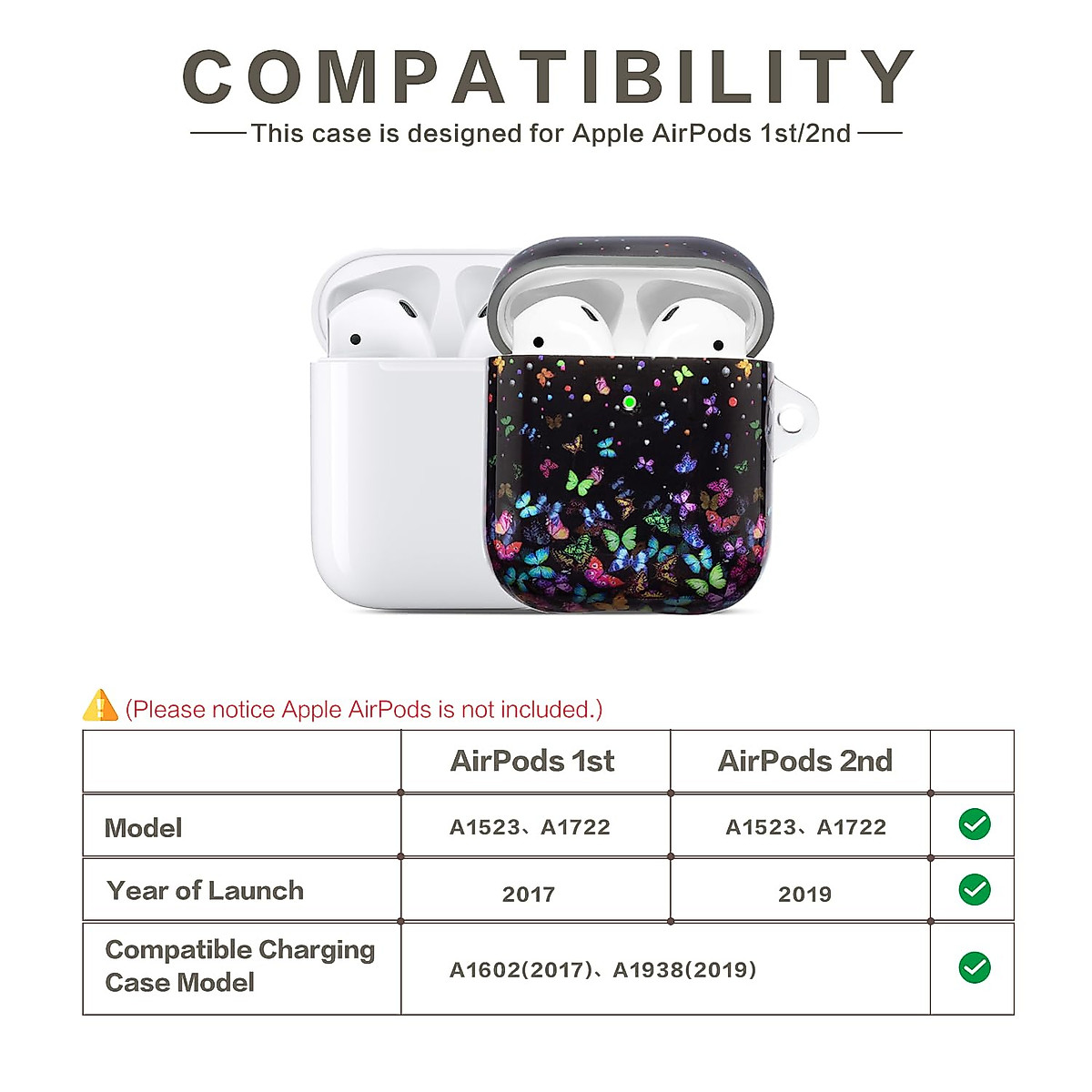 AirPod Case 2nd Generation Butterfly,AirPod Case 1st Generation Cute for Women Men with Keychain Silicone Cover Apple AirPods 2nd 1st Generation Charging Case Front Led Visible Colourful Butterflies