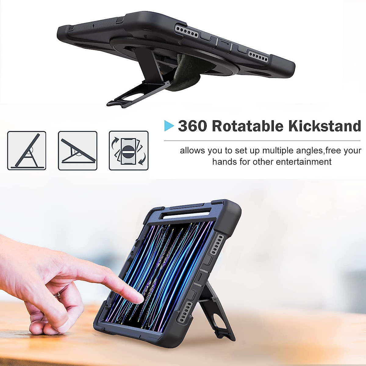 ProCase for iPad Pro 11 Inch Case 2022 2021 2020 2018, Rugged Heavy Duty Shockproof Cover with Hand Strap Shoulder Strap for iPad Pro 11" 4th 3rd 2nd 1st Generation -Black