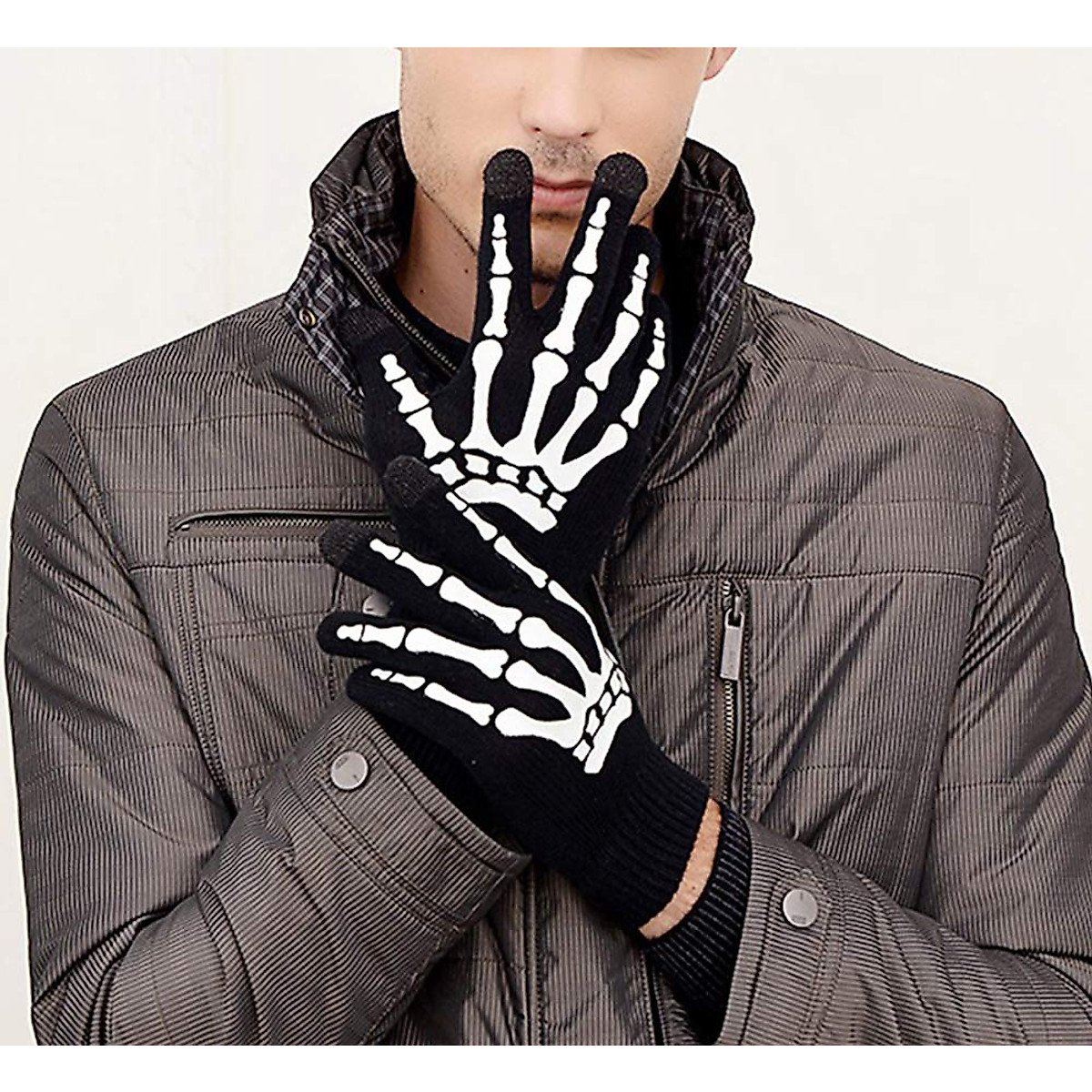 Glovion Skeleton Gloves Winter Gloves for Women Touch Screen Gloves Unisex Skull Full Finger Gloves for Christmas Party Costume Adult Skeleton Hand Gloves
