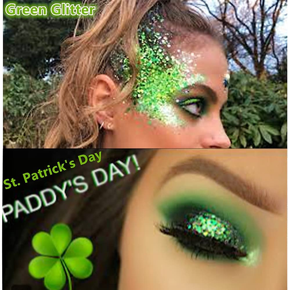Go Ho Green Face Body Glitter,St Patricks Day Face Glitter Makeup,Green Face Paint Holographic Chunky Sequins Glitters for Eye Lip Hair Nails,Festival Glitter Rave Accessories,09 Green Glitter 52g