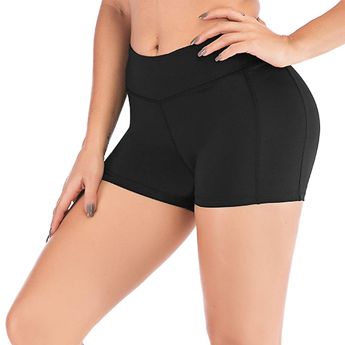 Shakumy Women High Waist Out Pocket Sports Stretch Gym Shorts Tummy Control Workout Running Yoga Athletic Shorts Hot Pants
