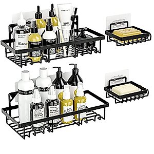 Adhesive Shower Caddy (2 Pack) with 2 Soap Dishes, Shower Shelf with Hooks, No Drilling/ Wall Mounted Shower Rack Rustproof Stainless Steel Shower Organizer for Inside Shower & Kitchen Storage (Black)