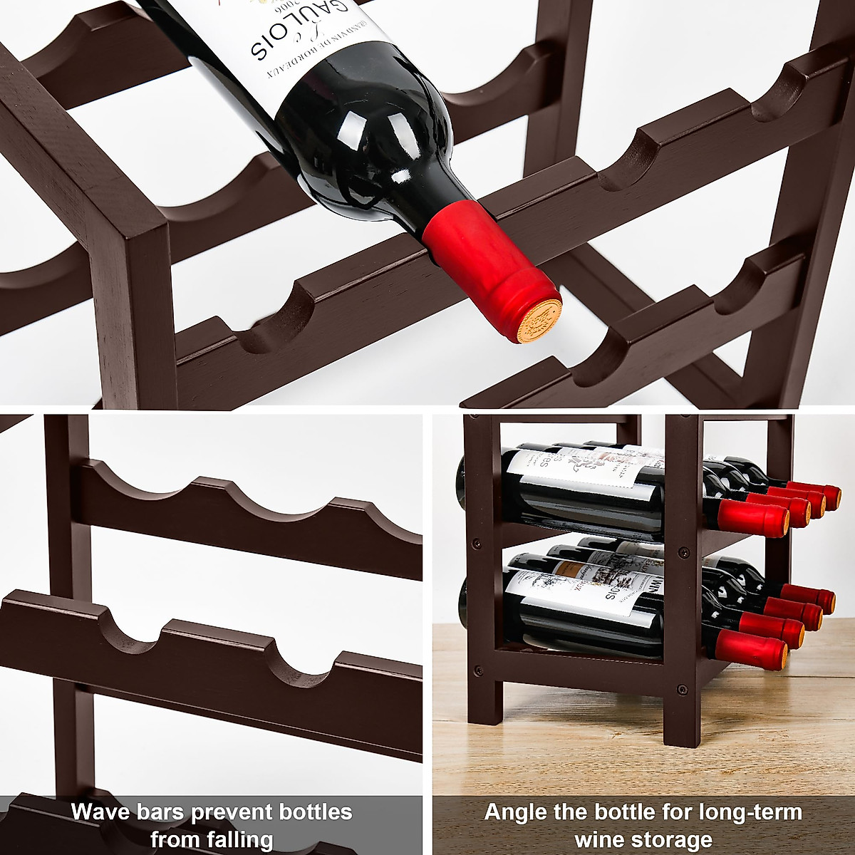 VASMIA Wine Rack Free Standing Floor, 6-Tier Display Wine Storage Shelves with Table Top, 24-Bottle Bamboo Wine Rack Shelf for Kitchen Bar Dining Room Living Room, Brown