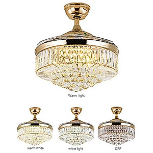 OUKANING Modern Dimmable Crystal Ceiling Fan with Lights and Remote Invisible Retractable Chandelier Fan Light LED Ceiling Light （36 inch） (Golden)