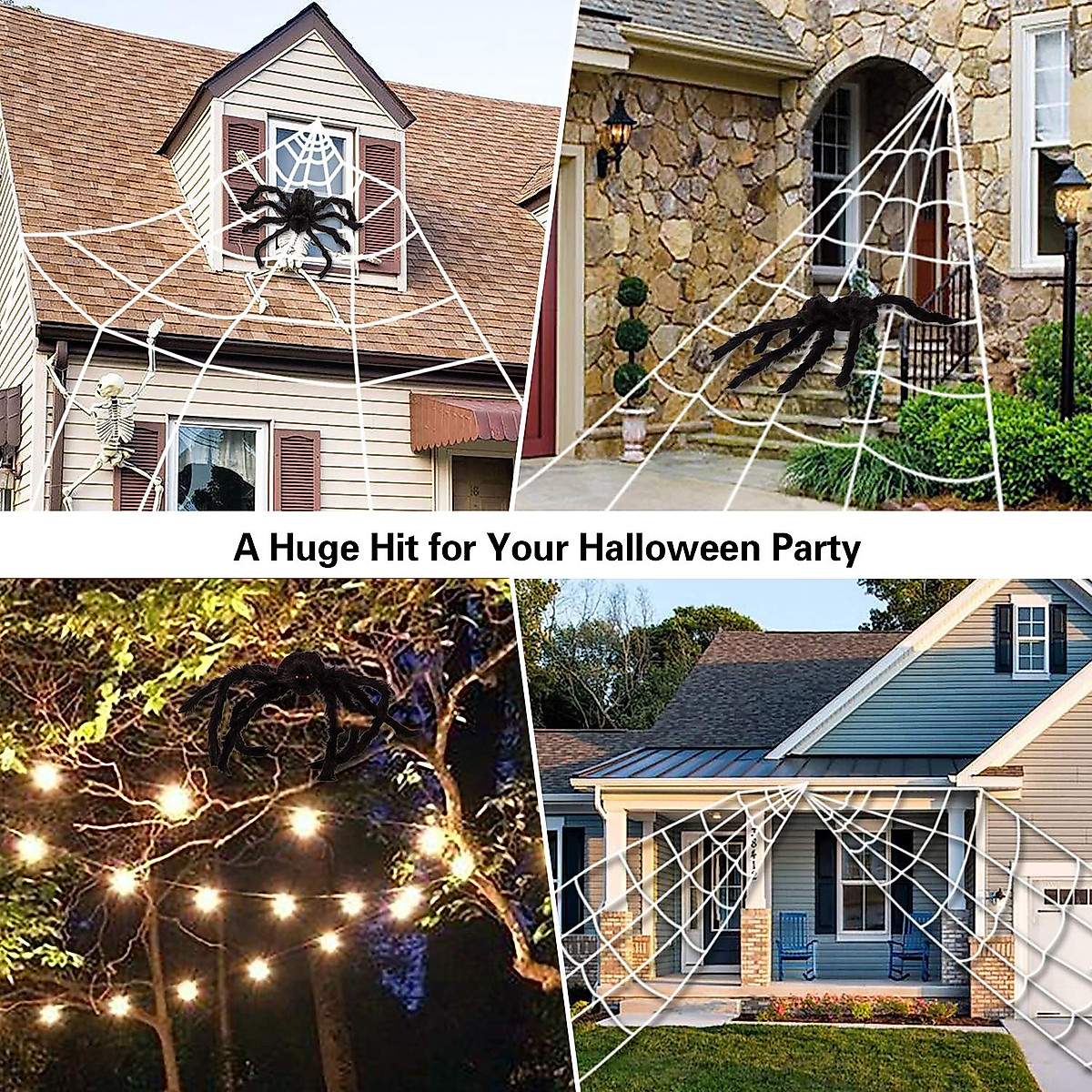 Halloween Decorations Spider Web Triangular Mega Outdoor Graveyard Decor Stretch Cobweb Set Scary Props Shooter with Black Spider